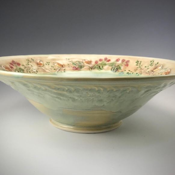 Wrens and Raspberries Bowl by Jen Stein – Outside the Lines Art Gallery